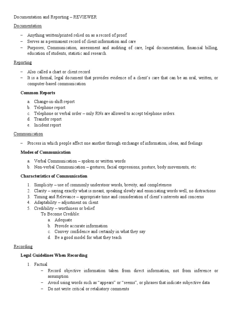 Documentation and Reporting - REVIEWER | PDF | Communication | Health Care