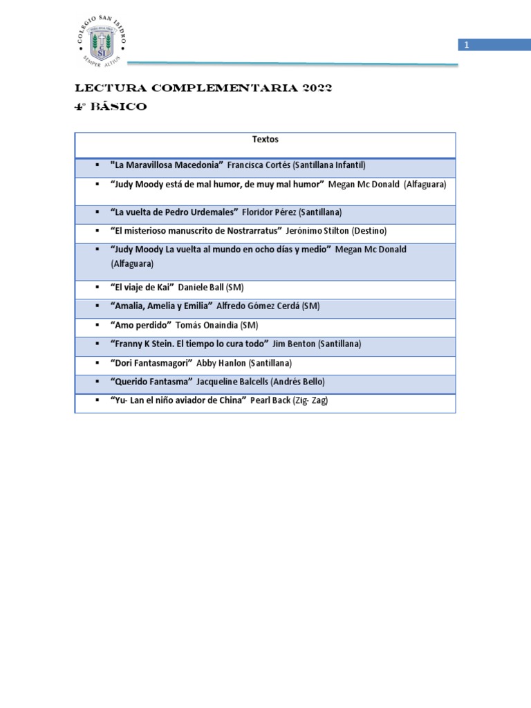 Lectura Complementaria 2022 4° Básico: (Alfaguara) | PDF
