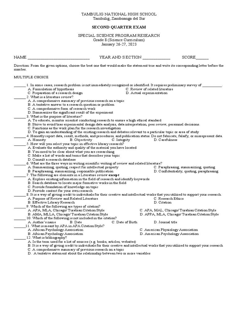 Research Exam 2ND Quarter | PDF