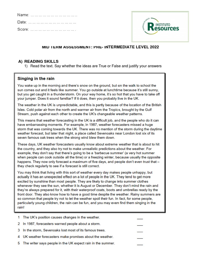 Mid Term Assessment: Pre-Intermediate Level 2022: Name: .. Date: Score | PDF