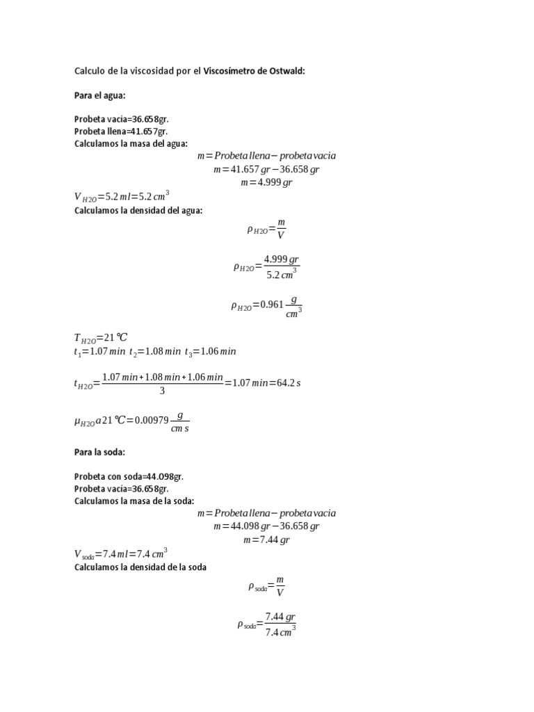 Calculo de La Viscosidad Por El Viscosímetro de Ostwald | PDF