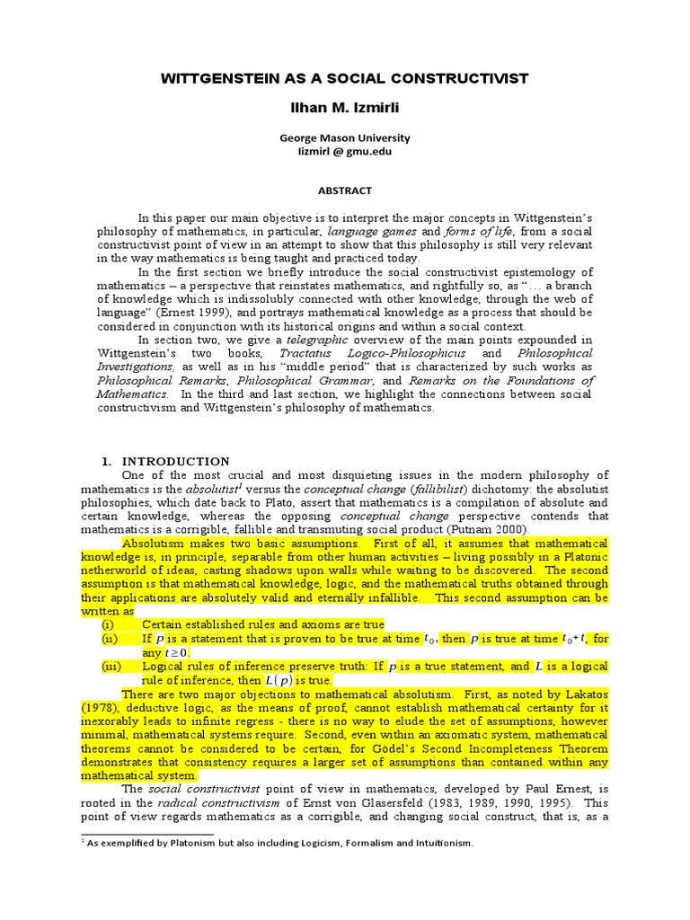 Wittgenstein's Philosophy in Social Constructivism | PDF | Mathematics | Philosophical Movements