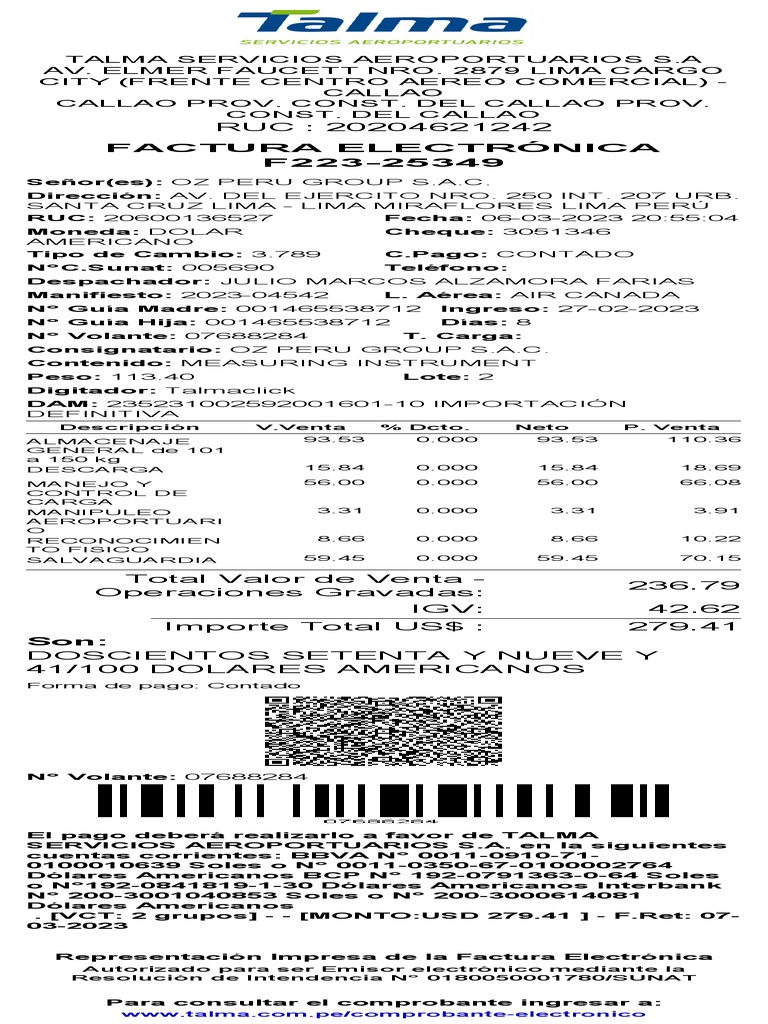 factura electrónica talma servicios aeroportuarios sa 113 kg usd 279 | PDF