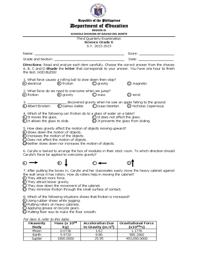 Grade 6 Science Exam with Answers | PDF | Force | Gravity