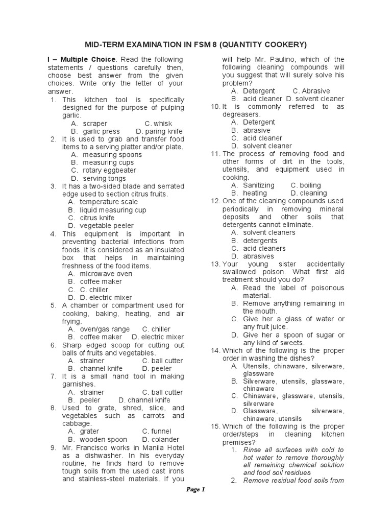 Mid-Term Examination in FSM 8 (Quantity Cookery) : I - Multiple Choice ...