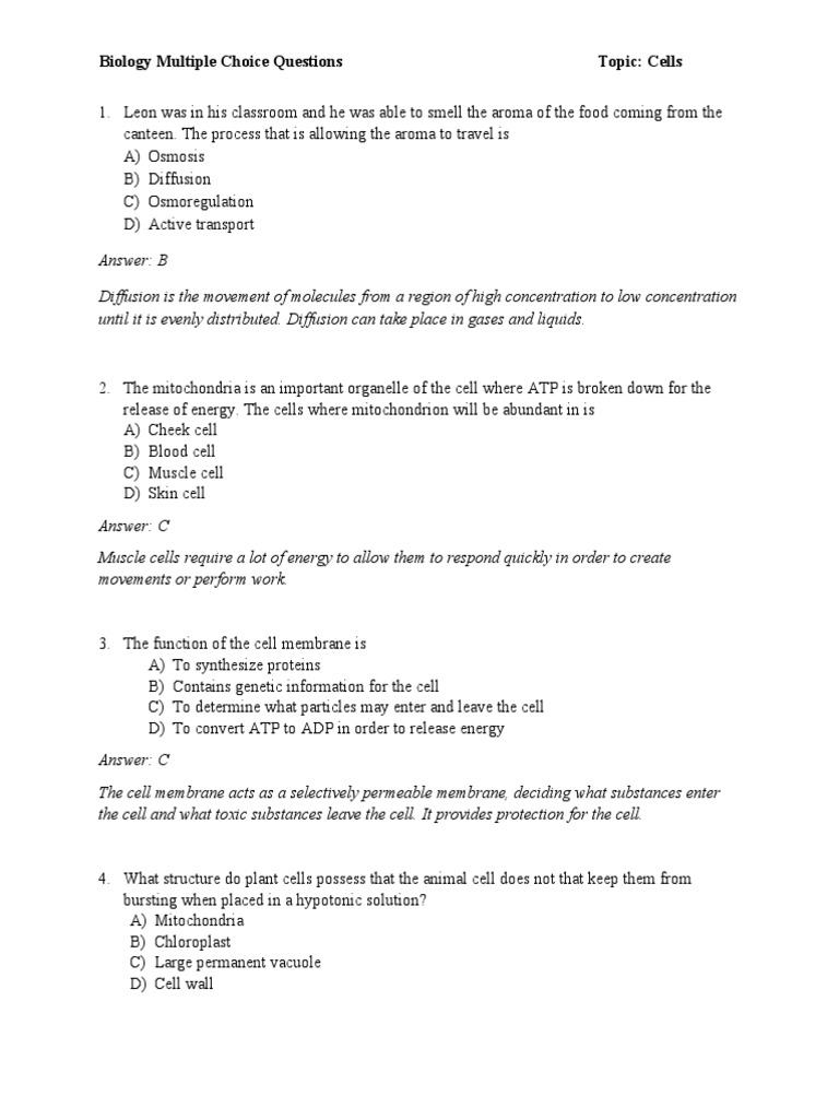Answered CXC Cells Questions | PDF | Cell (Biology) | Osmosis