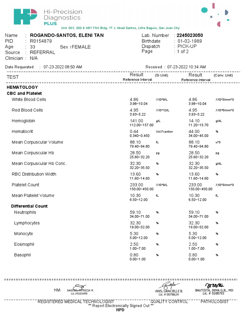 Complete Blood Count Results | PDF | Medical Specialties | Clinical ...