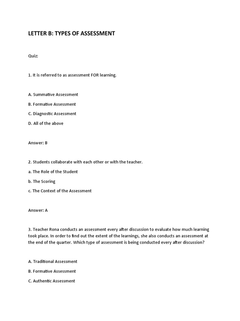 Types of Assessment Quiz | PDF | Educational Assessment | Schools