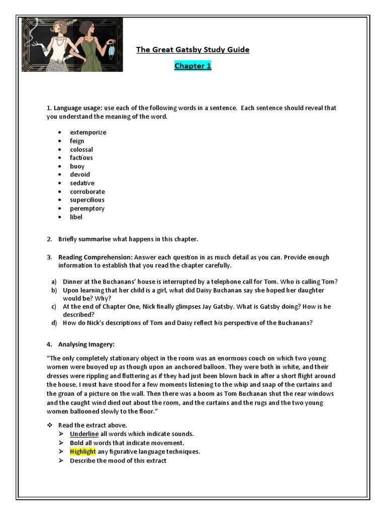 Chapter 1 Study Guide for The Great Gatsby | PDF