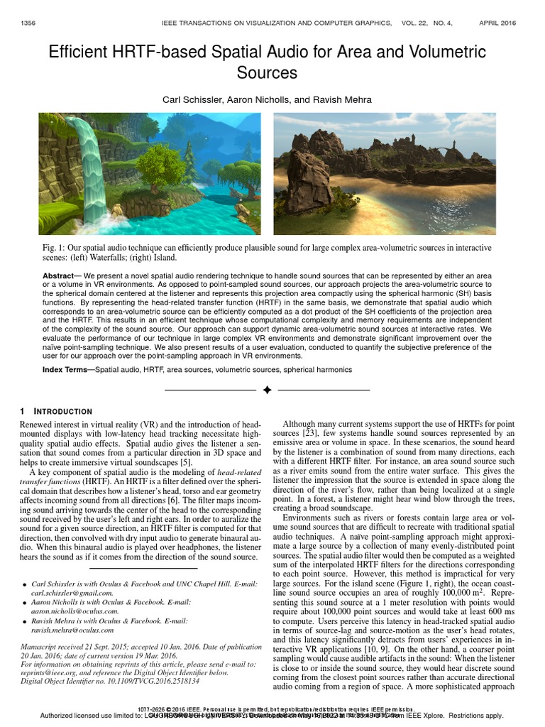 Efficient HRTF-based Spatial Audio For Area and Volumetric Sources | PDF | Sphere | Virtual Reality