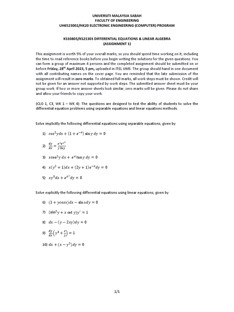 Assignment Differential Equation 2022/2023 | PDF