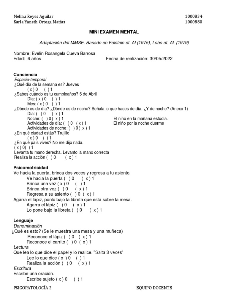 Adaptación Del MMSE. Basado en Folstein Et. Al (1975), Lobo Et. Al ...