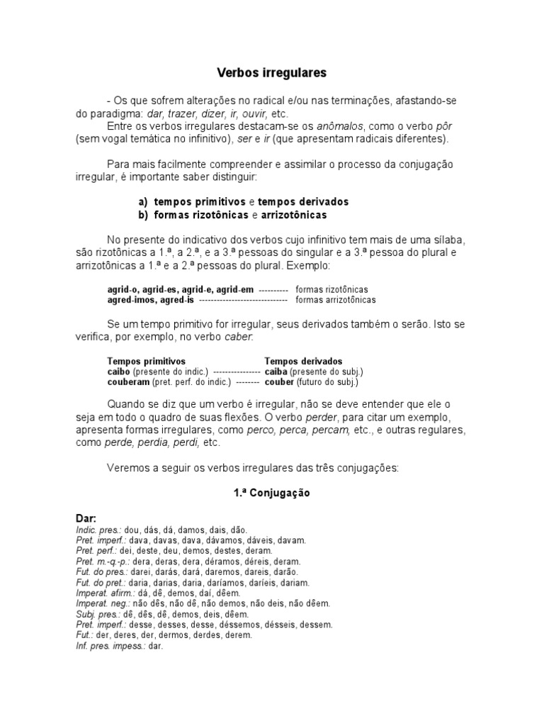 Verbos Irregulares Pdf Linguística Ciência Cognitiva