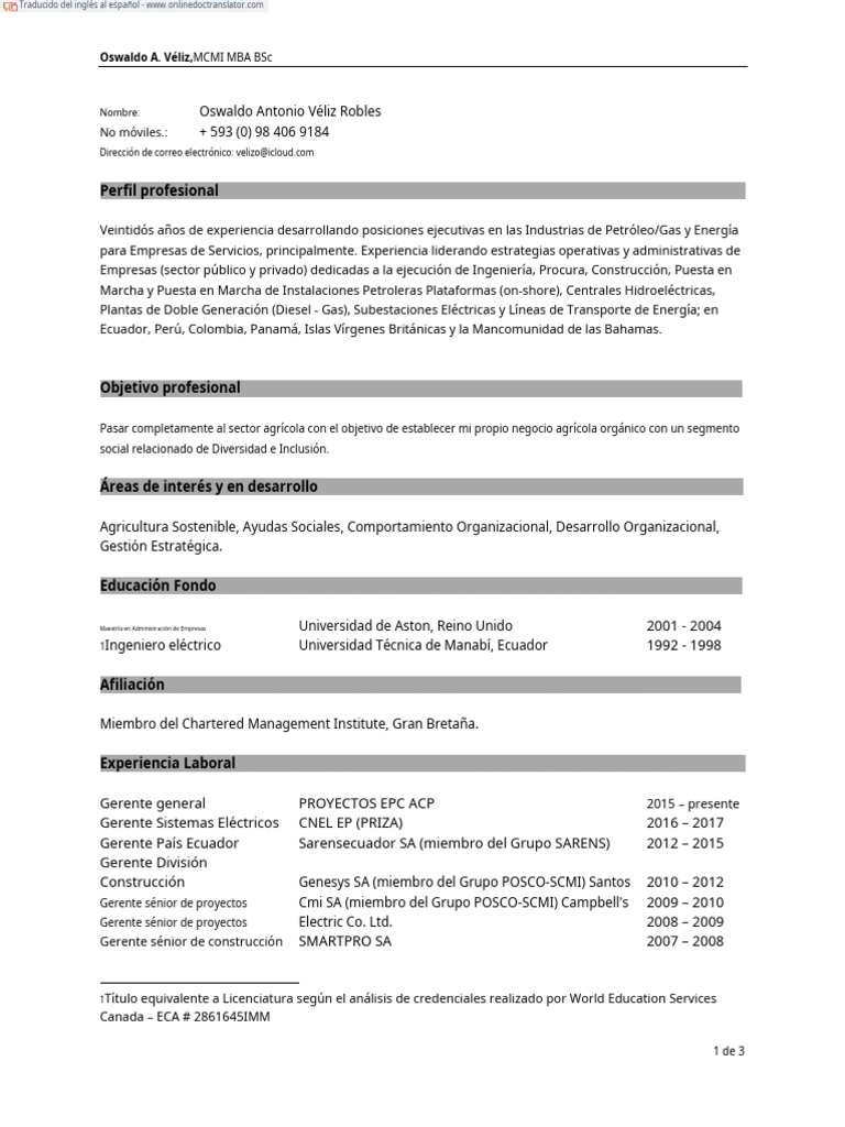 Ej CV Canadiense (2) .En - Es | PDF | Presupuesto | Gestión de proyectos
