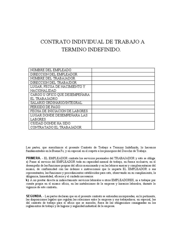 Copia de contrato a termino indefinido | PDF | Salario | Derecho laboral