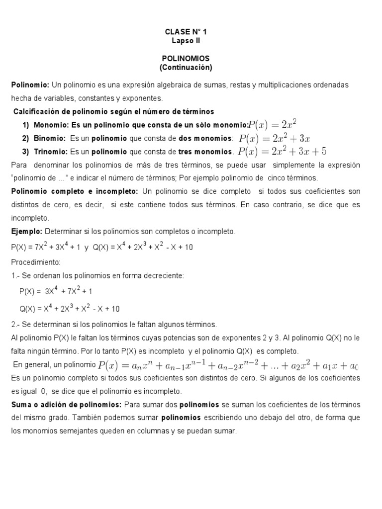 CLASE 1 MATEMATICA 2do AÑO Lapso II 2021 | PDF | Sustracción | Polinomio