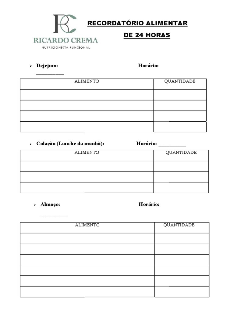 Recordatório Alimentar de 24 Horas Recordatório Alimentar de 24 Horas | PDF