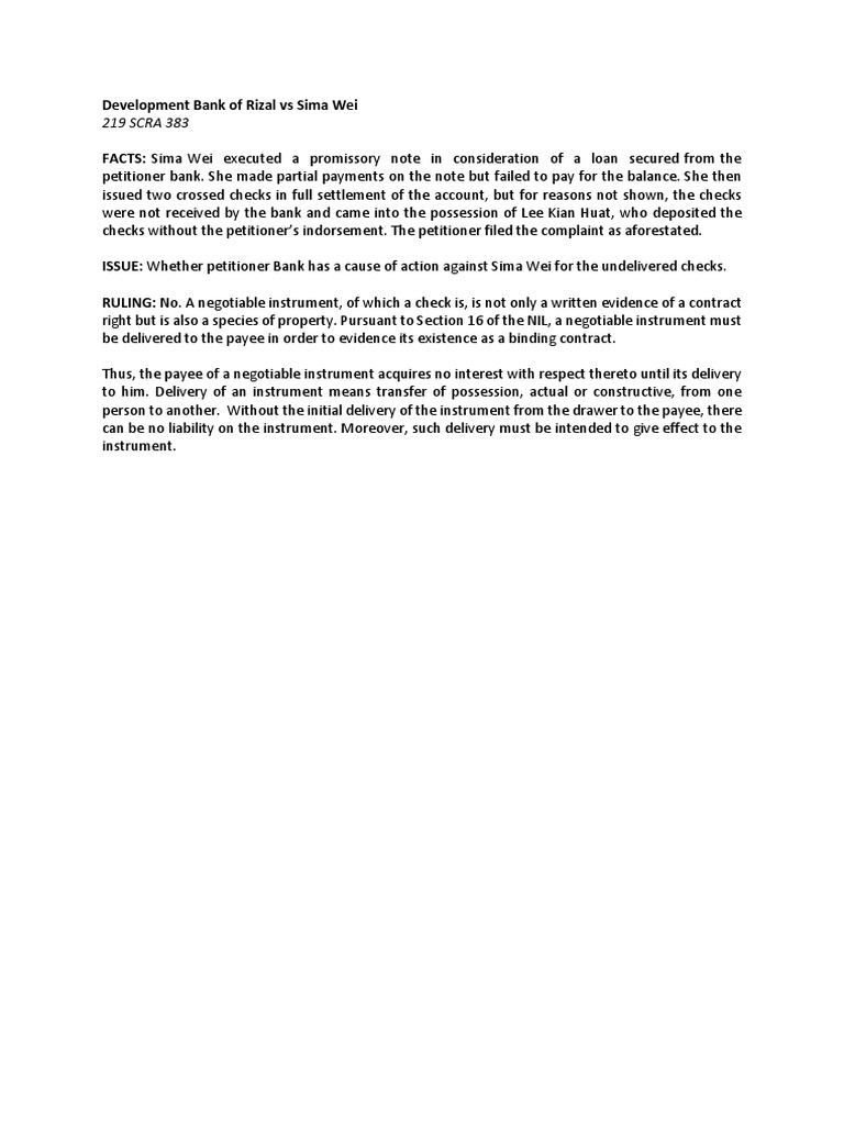 Development Bank of Rizal Vs Sima Wei Digest | PDF