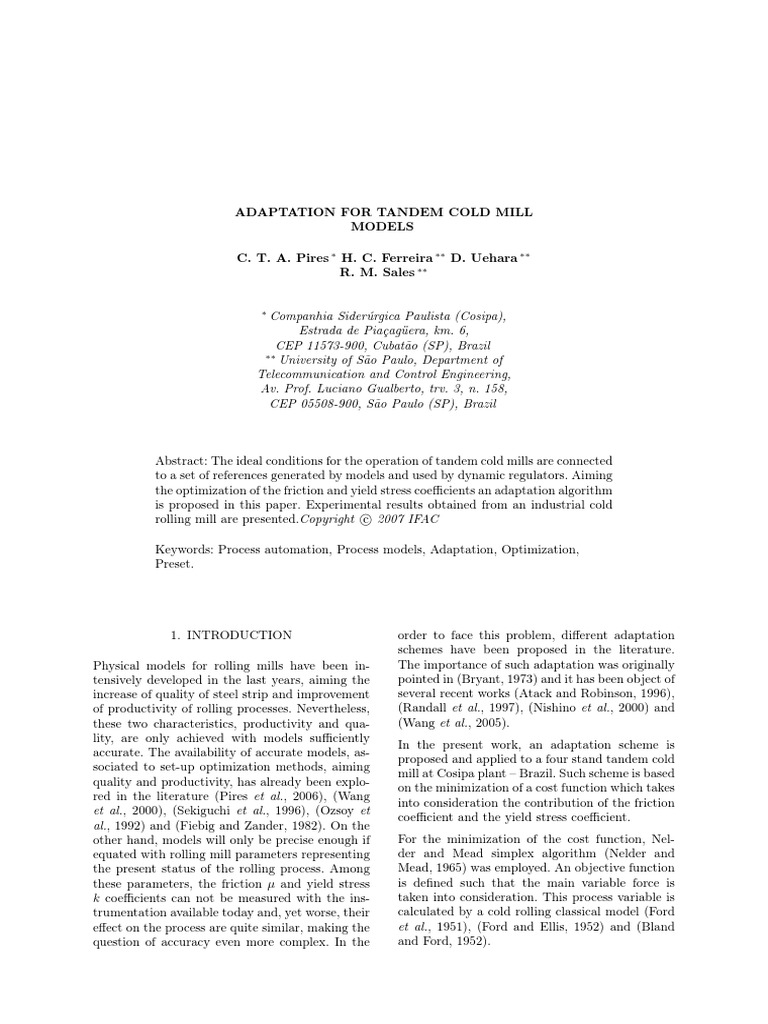 ADAPTATION FOR TANDEM COLD MILL MODELS - 2007 - IFAC Proceedings ...