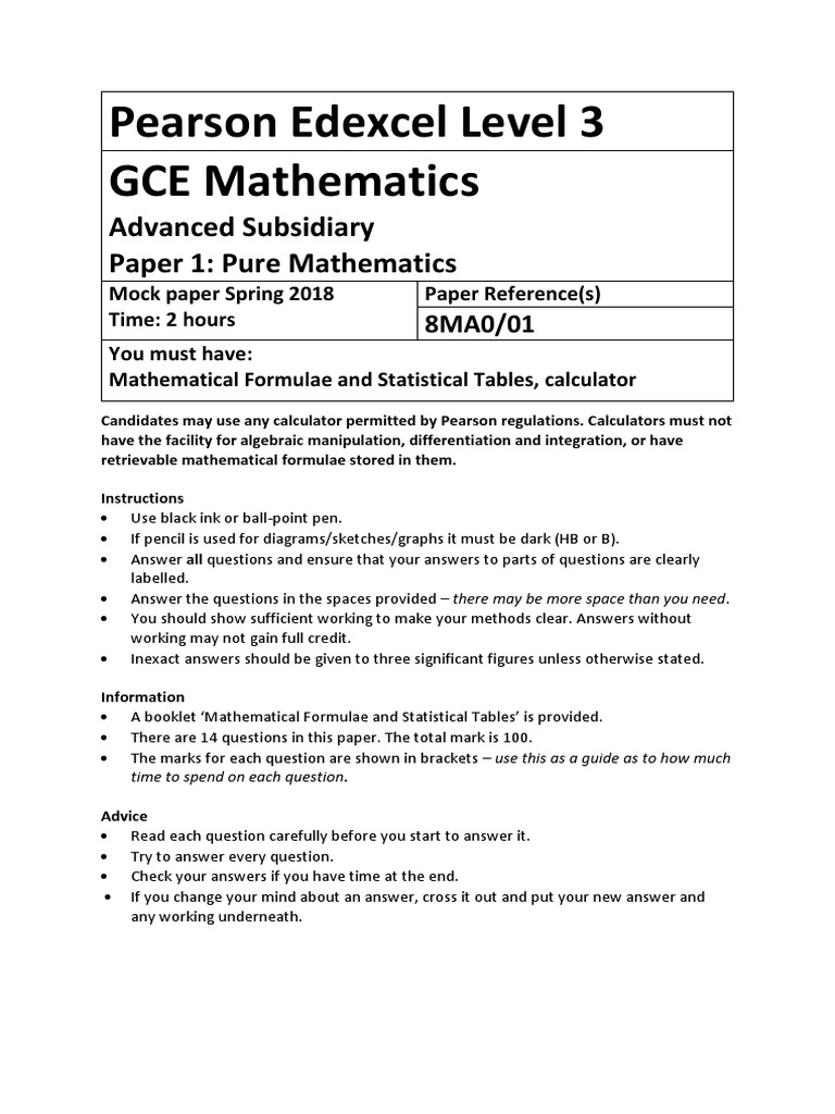 AS Mathematics specimen papers – Paper 1 Pure Mathematics | PDF ...