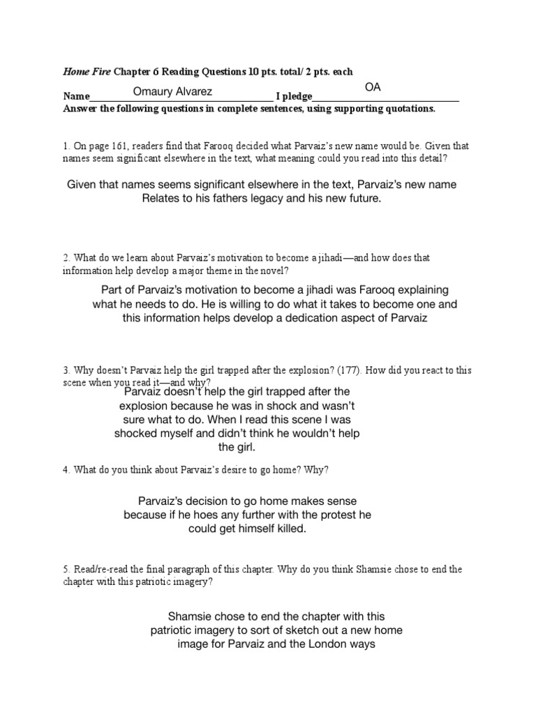 Name - I Pledge - Answer The Following Questions in Complete Sentences ...