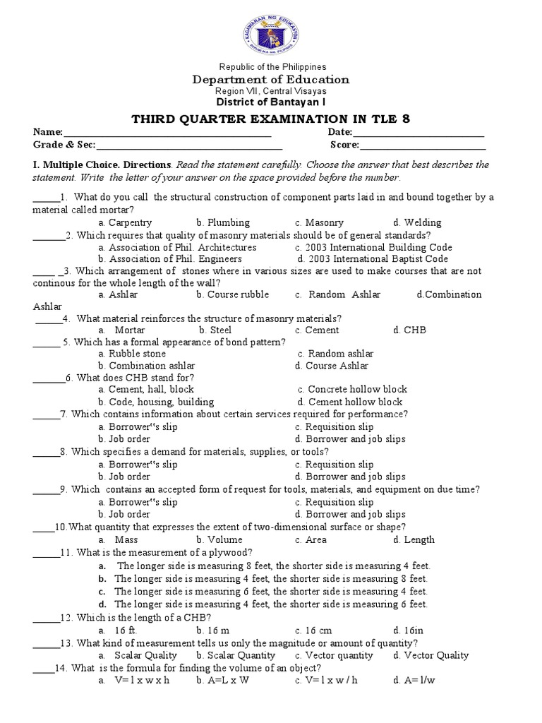 3rd Quarter Examanination Tle | PDF | Masonry | Quantity