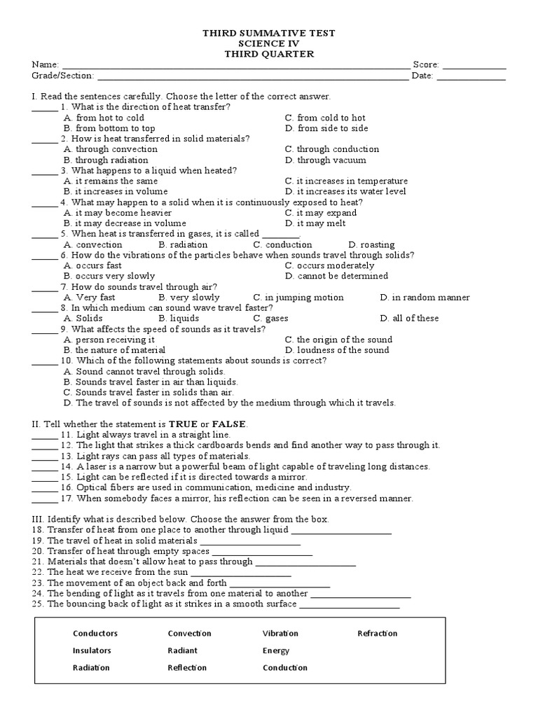 THIRD SUMMATIVE TEST Science | PDF | Heat Transfer | Sound