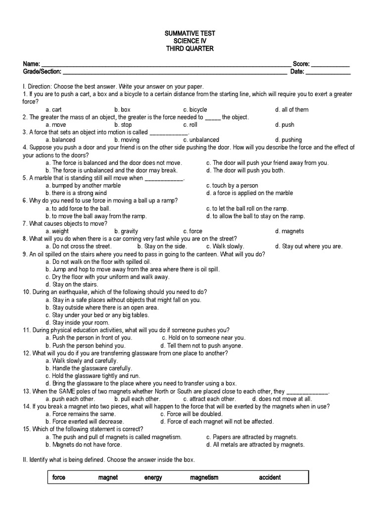 SECOND SUMMATIVE TEST sCIENCE | PDF | Force | Magnet