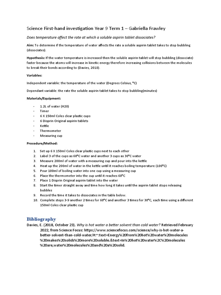 Science First-Hand Investigation Year 9 Term 1 - Gabriella Frawley ...