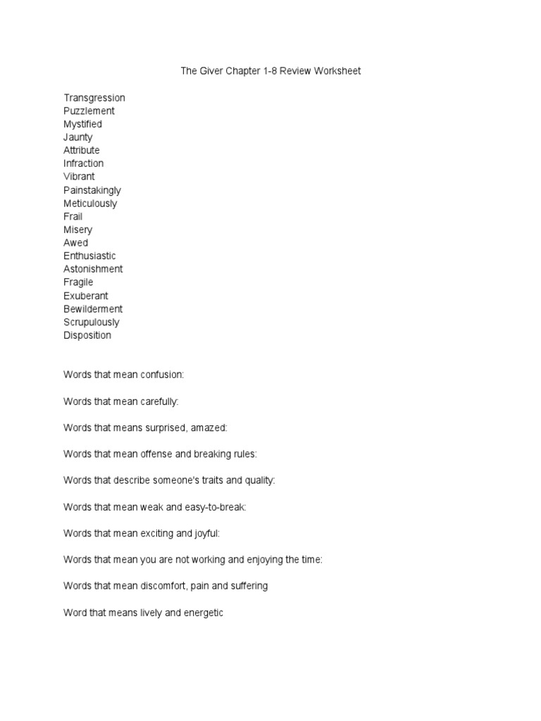 The Giver Chapter 1-8 Review Worksheet | PDF