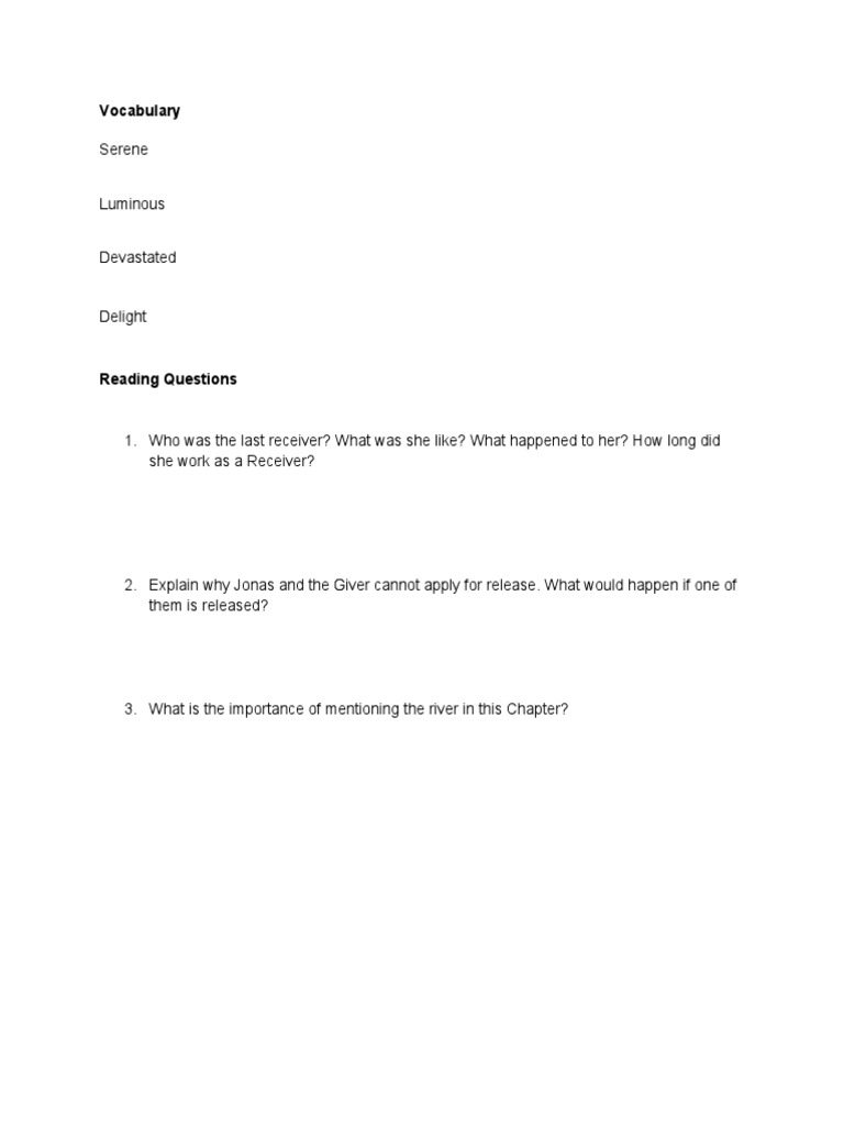 The Giver Chapter 18 Worksheet | PDF