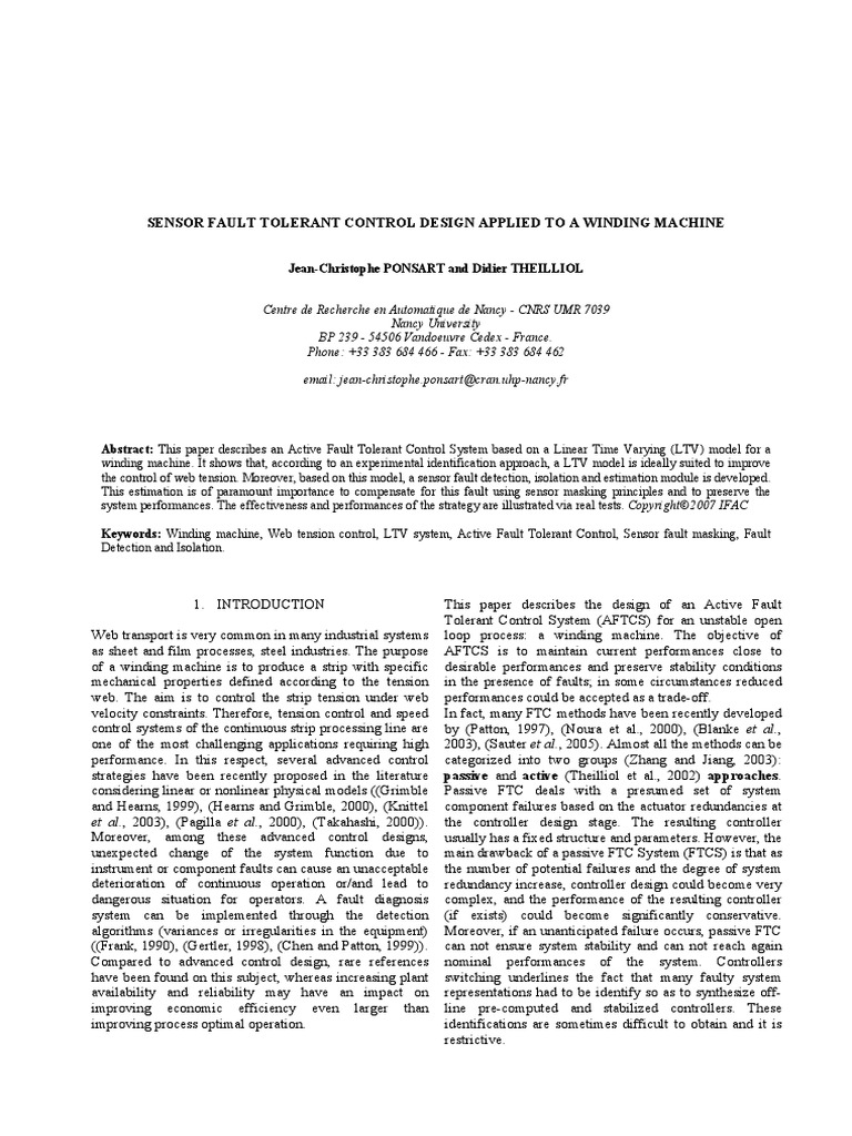 Sensor Fault Tolerant Control Design Applied To A Wi 2007 Ifac Proceedings V Pdf Control