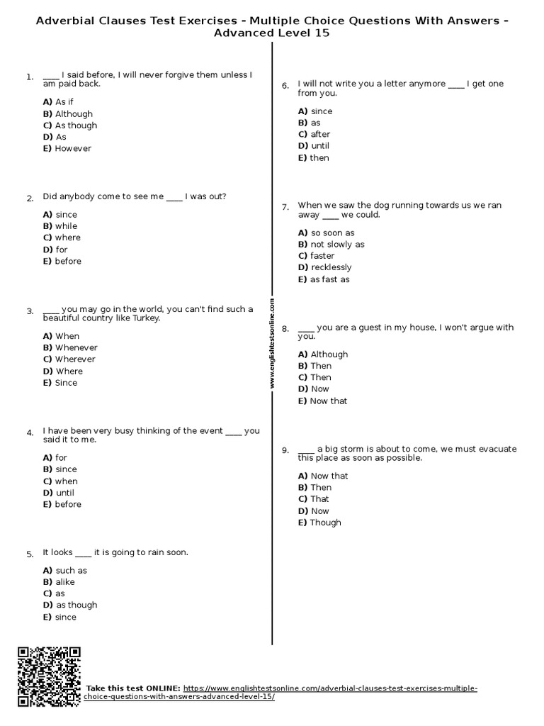 514 - Adverbial Clauses Test Exercises Multiple Choice Questions With ... 514 - Adverbial Clauses Test Exercises Multiple Choice Questions With ...