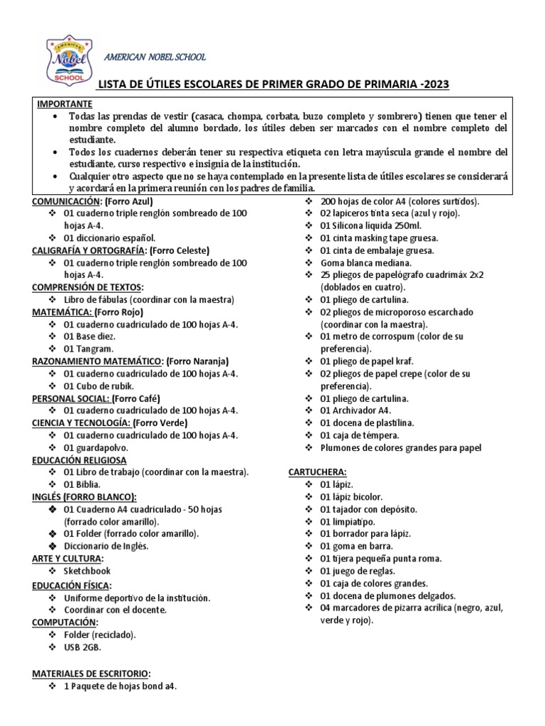 Lista de Útiles Primer Grado | PDF | Qualia | Color