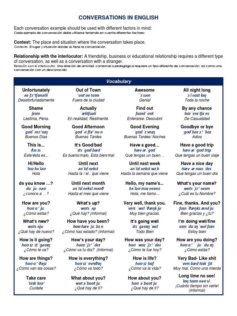 Conversaciones en inglés: Ejemplos y vocabulario útil | PDF