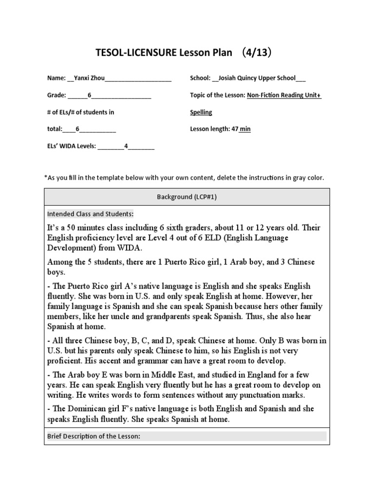 Yanxi Esl Lesson Plan 4 13 | PDF | Reading Comprehension | Applied Linguistics