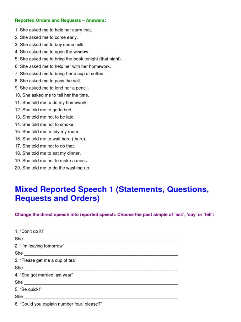 Reported Speech Exercises 2013 Pdf Language Arts Discipline