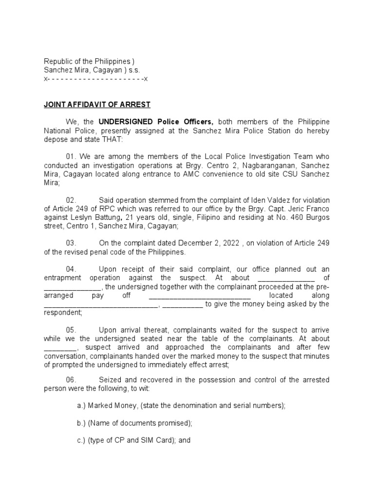 Sample of Affidavit of Arresting Officers | Download Free PDF ...