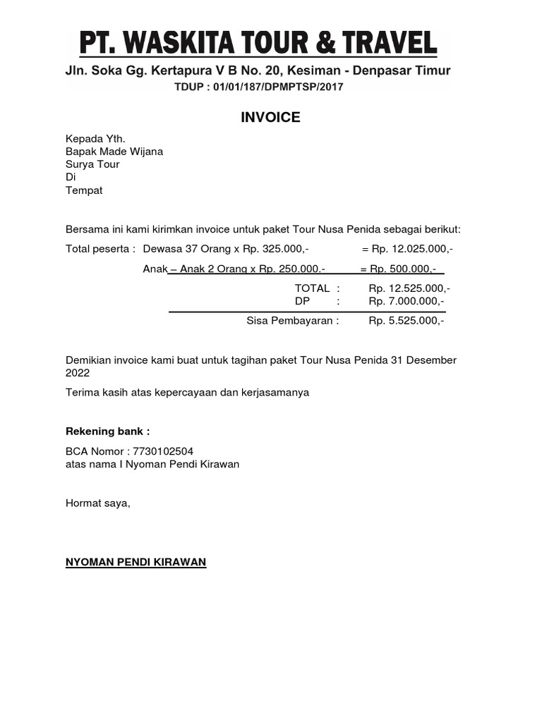 Invoice Paket Tour Nusa Penida | PDF