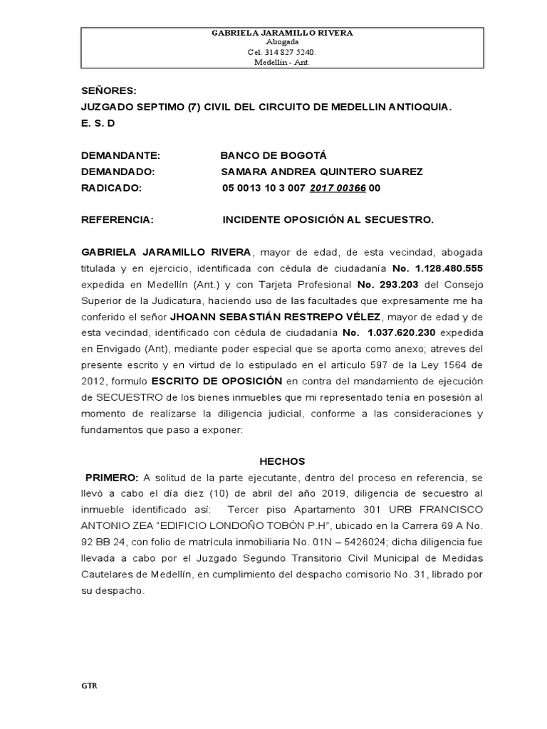 Gabriela Jaramillo Rivera: Abogada Cel. 314 827 5240. Medellín - Ant | PDF | Documento | Ley común