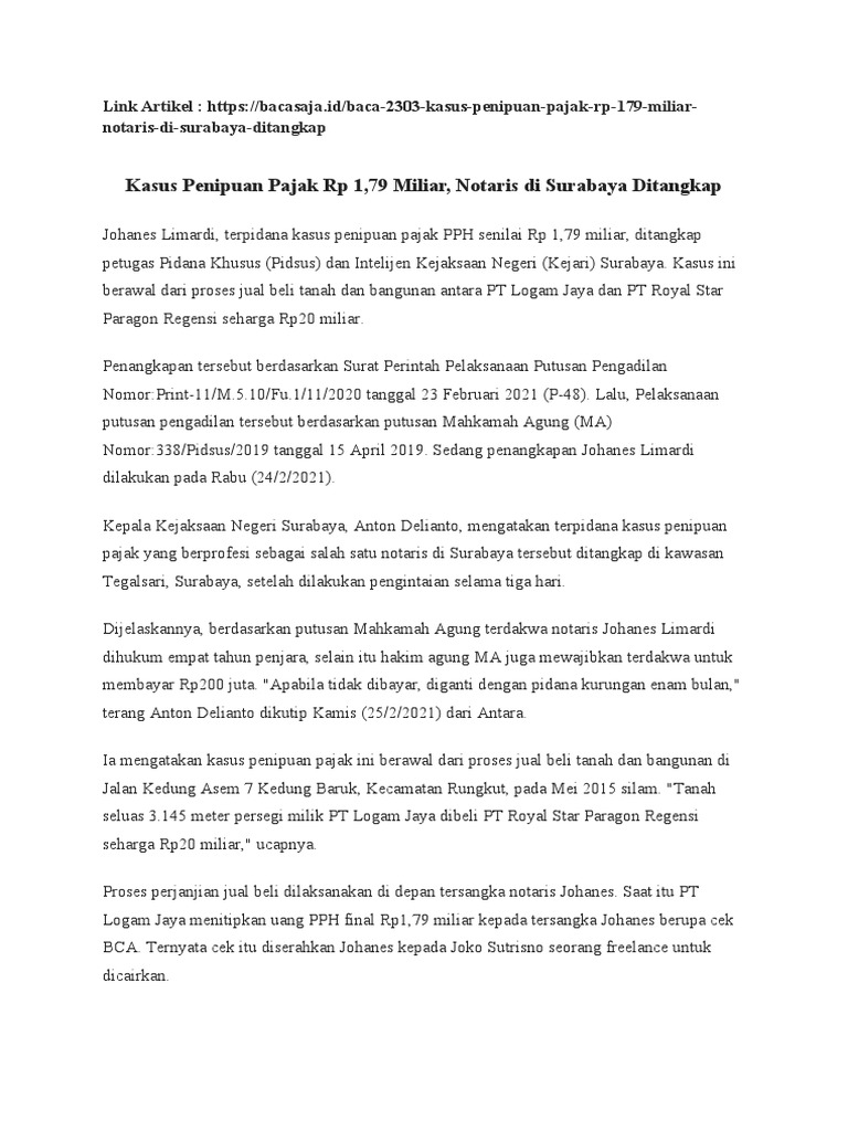 Kasus Penipuan Pajak RP 1,79 Miliar, Notaris Di Surabaya Ditangkap | PDF