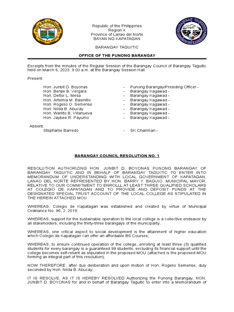 Resolution of the Barangay Council of Taguitic to Enter a Memorandum of ...