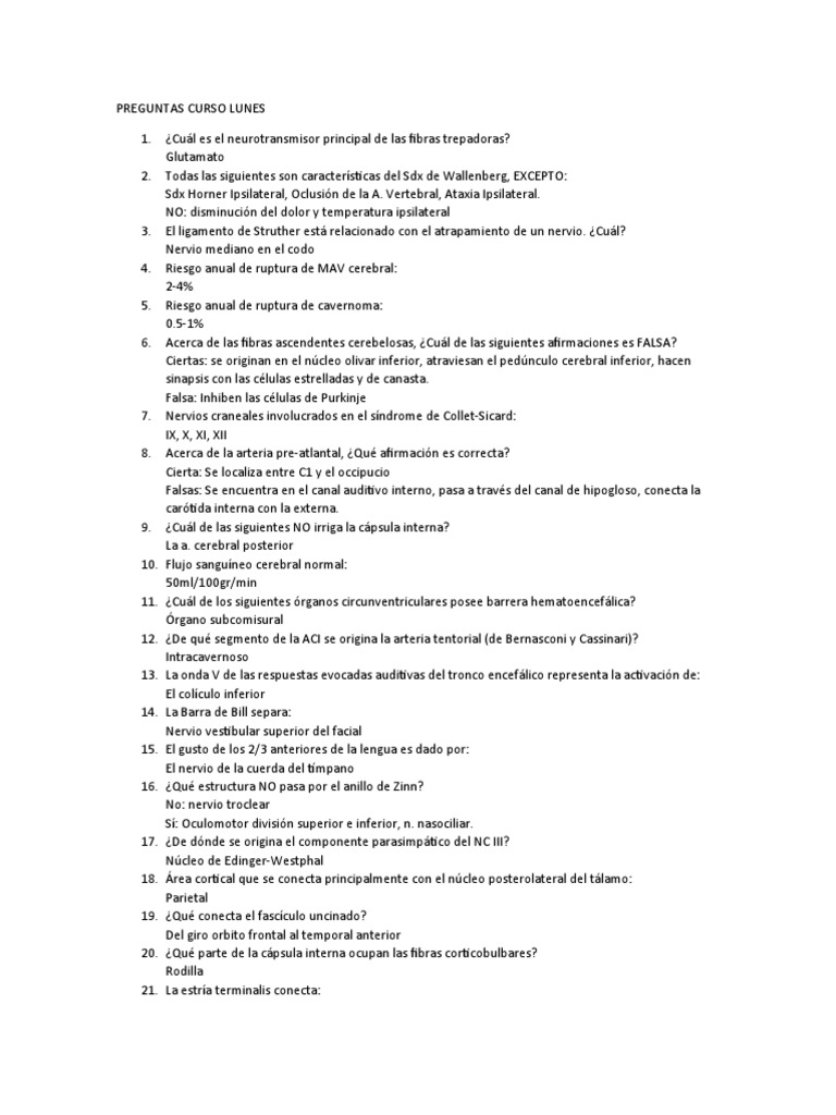 Preguntas Curso Neuroanatomia | PDF