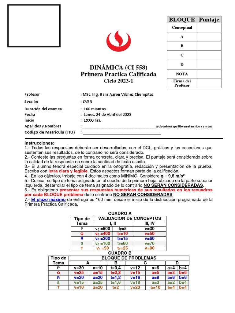 PARTE 1 - PC1-CV53 Dinamica-UPC-2023-1 | PDF | Aceleración | Cantidad
