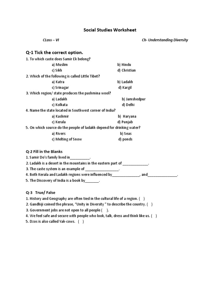 Class VI Social Studies: Diversity Worksheet | PDF | Travel