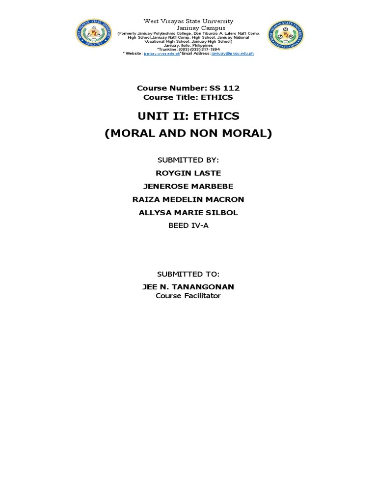 Unit Ii: Ethics (Moral and Non Moral) : Course Number: SS 112 Course ...
