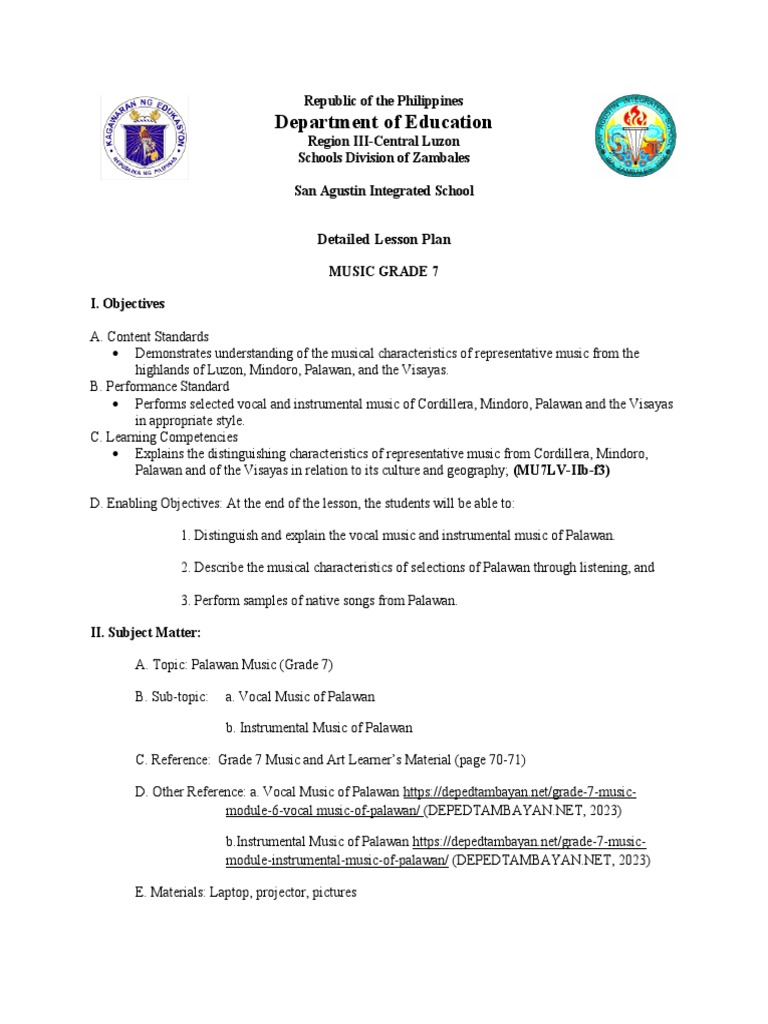 Detailed Lesson Plan Palawan Music | PDF | Musical Instruments | Music ...