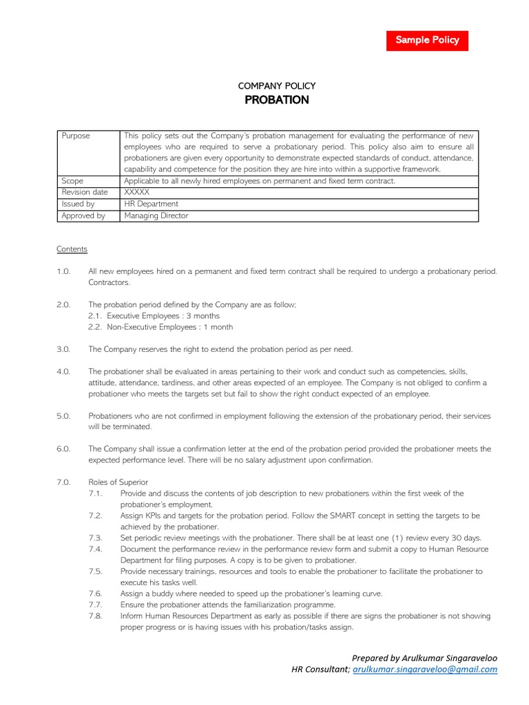 Sample Company Policy - Probation | PDF | Probation | Employment