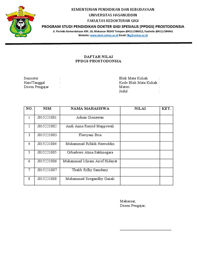 Form Daftar Nilai | PDF