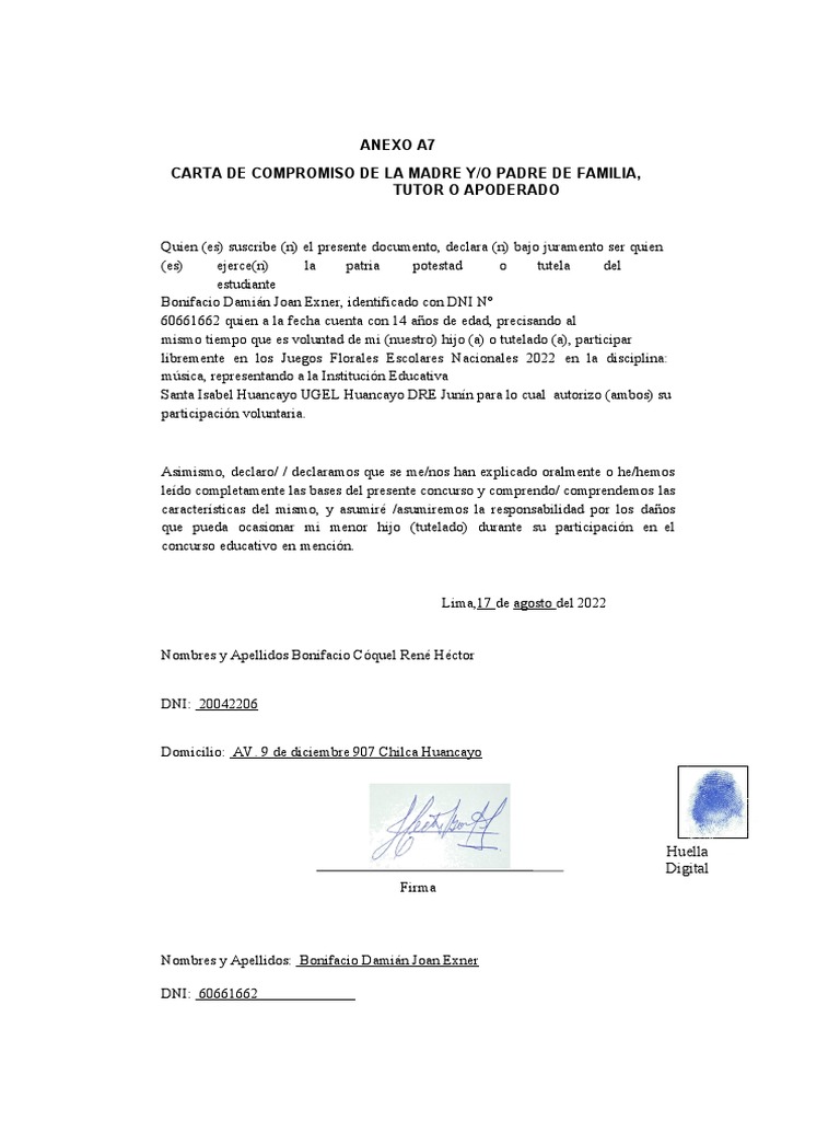 Anexo A7 Carta de Compromiso de La Madre Y/O Padre de Familia, Tutor O Apoderado | PDF | Derecho ...